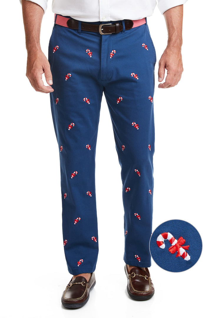 Mens Embroidred Holiday Harbor Pant Nantucket Navy with Candy Cane